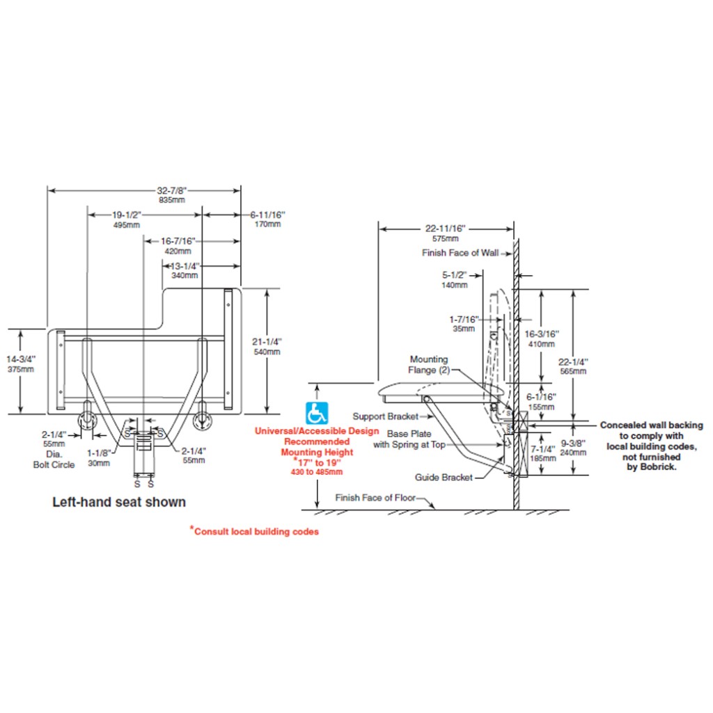 Bobrick B-518 Folding Shower Seat, Left Hand | Poole Waite & Co. Ltd.